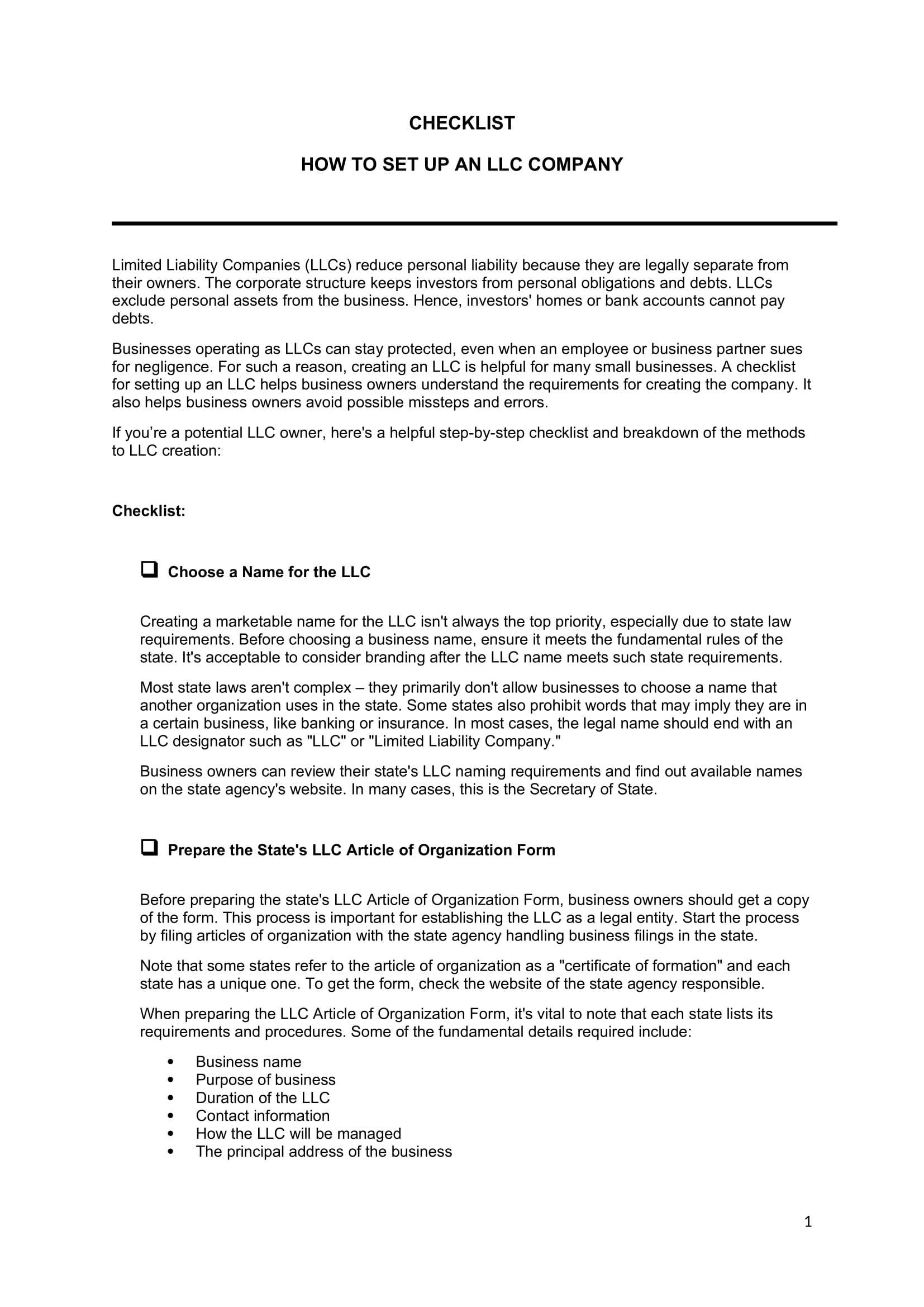 Checklist How To Setup An Llc Template - [WORD & PDF]