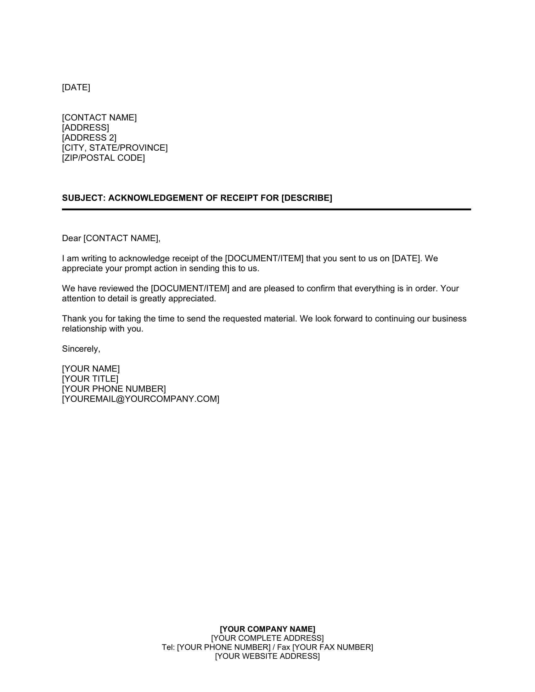 Get Acknowledgement of receipt letter template Pdf 2023