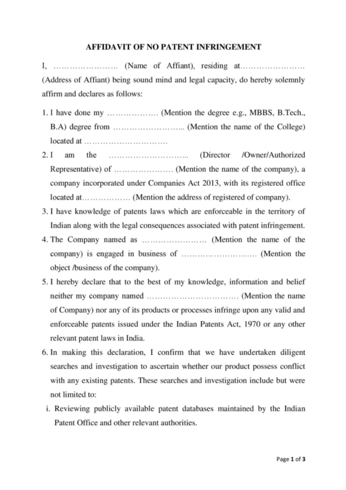 Affidavit of No Patent Infringement Template - [Pdf & Word]