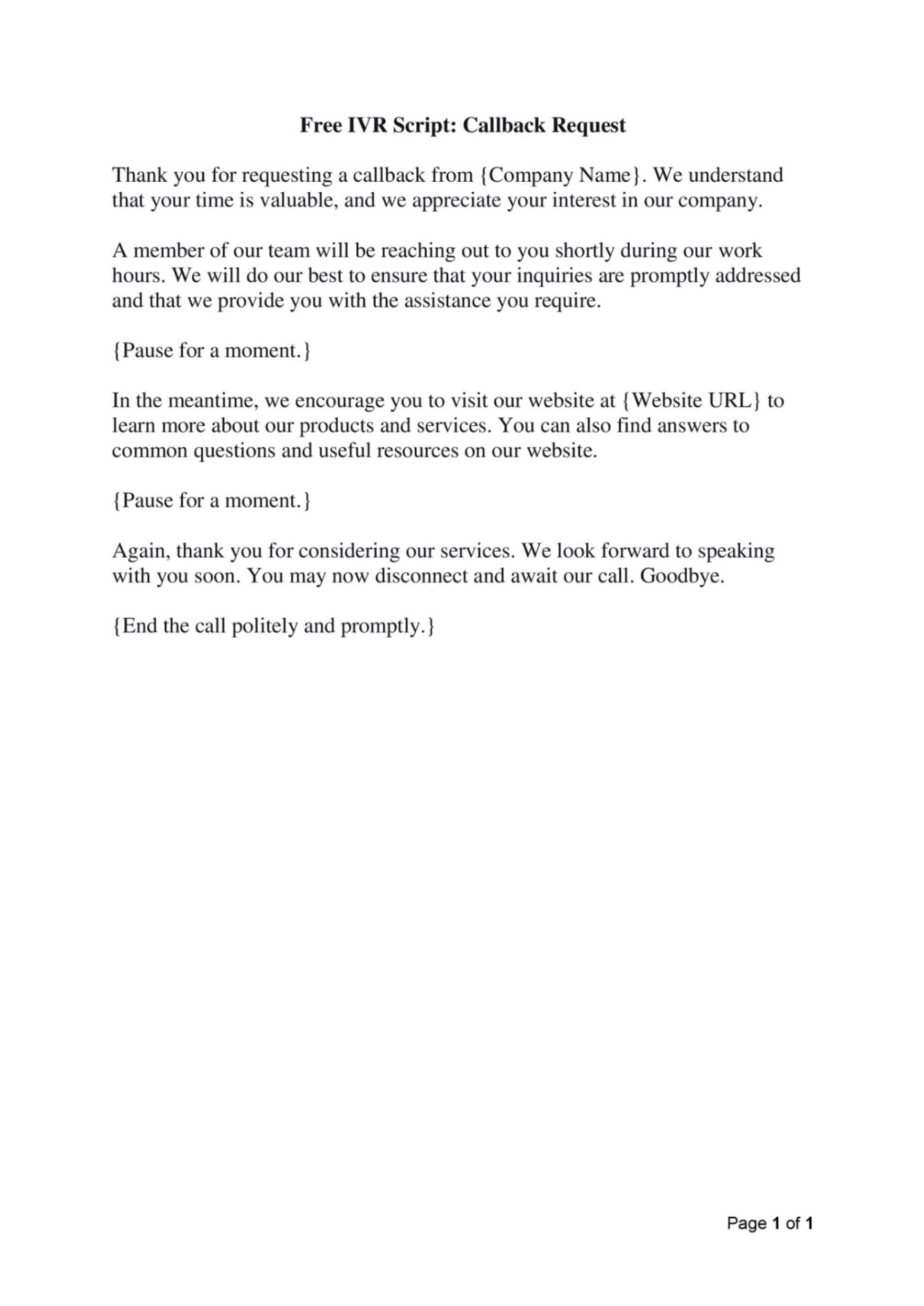 IVR Classic Callback Request Template Pdf