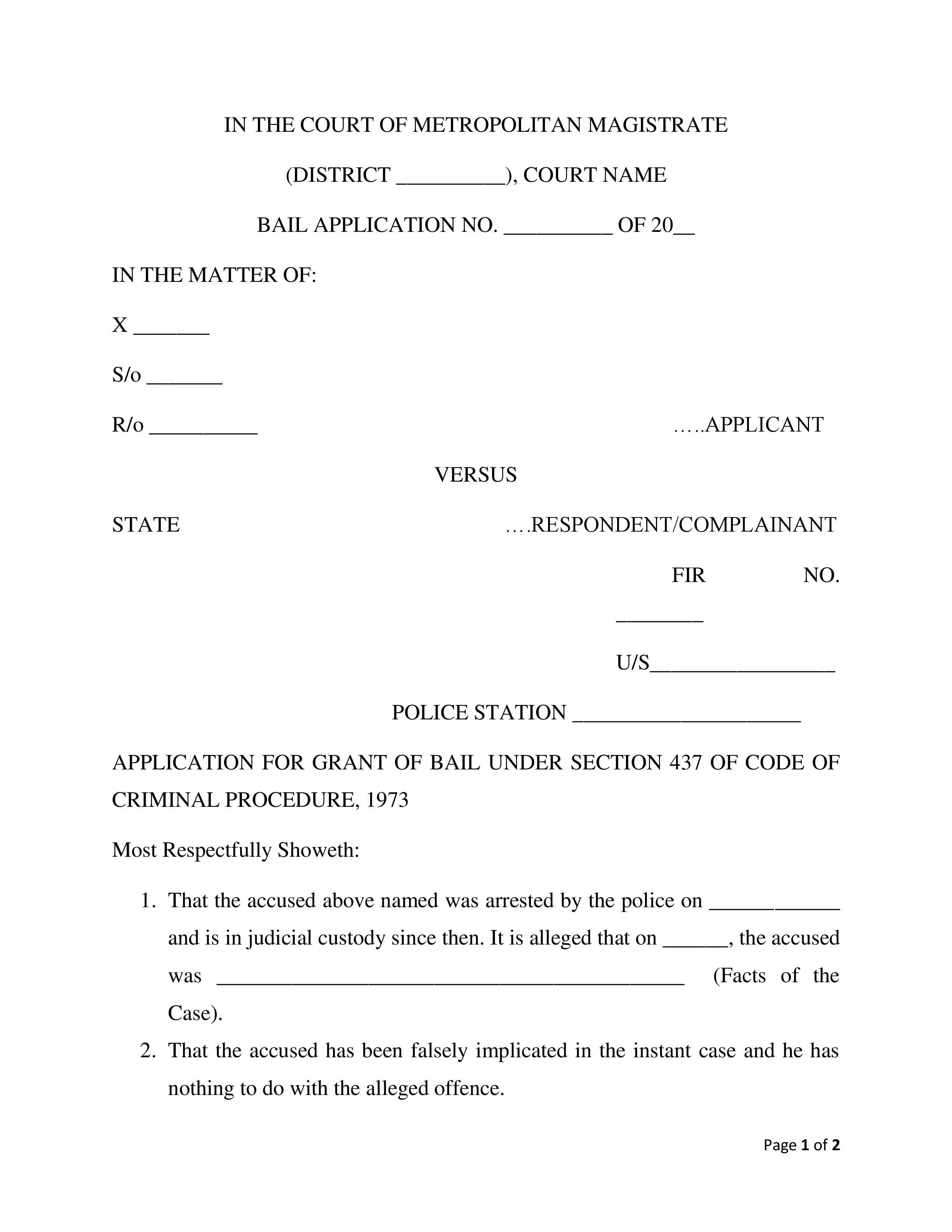 Download Format of Bail Application - Word | PDF