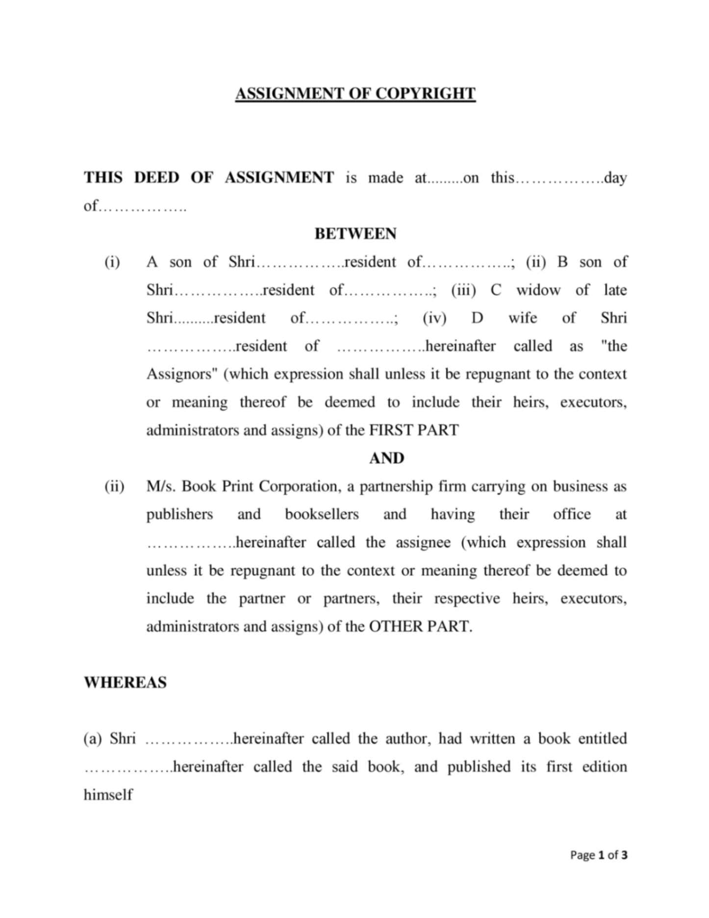 India: Assignment And Licensing Of Copyright Template - PDF