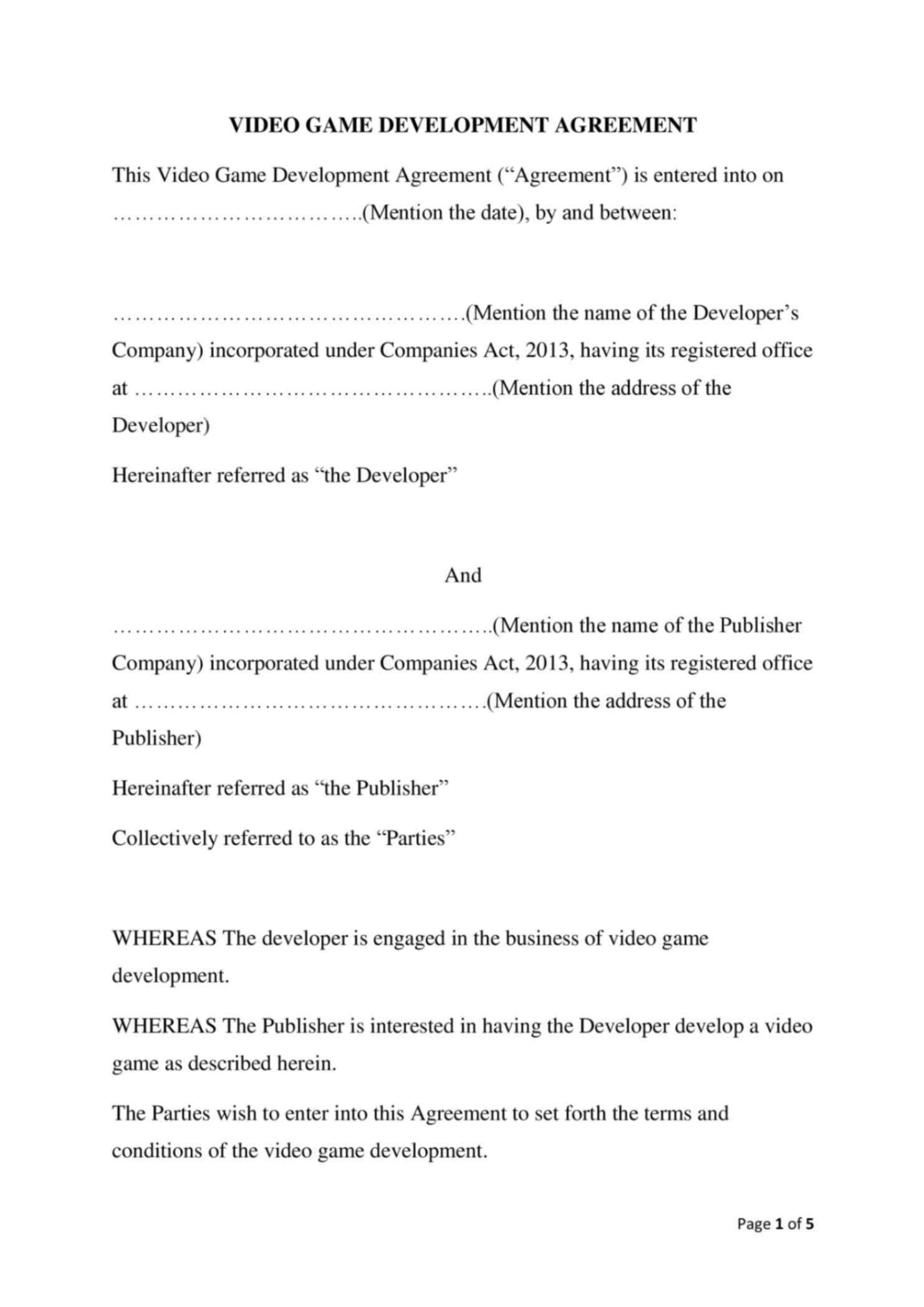 Get Free Game Developer Agreement Template - PDF