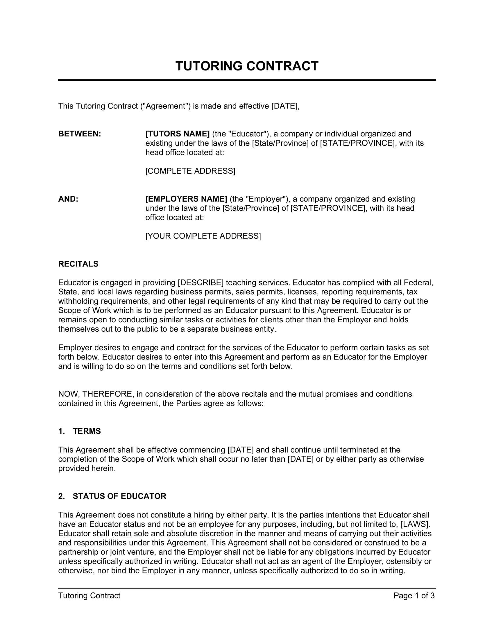 Download Tutoring Contract Template | PDF & WORD