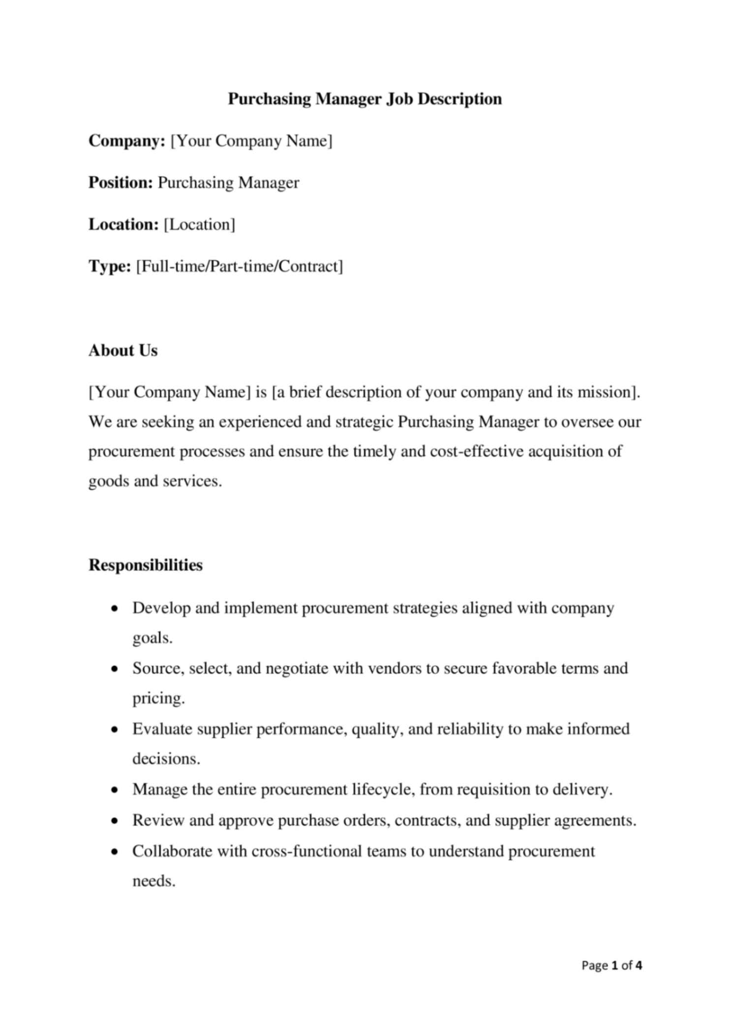 Get Purchasing Manager Job Description - PDF & WORD