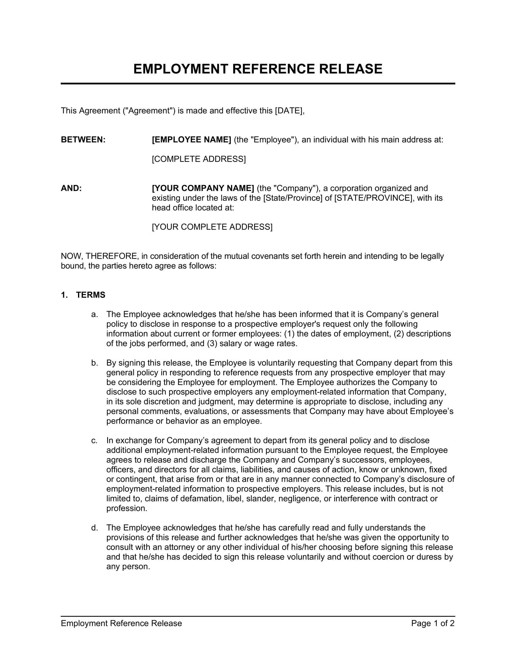 Employee Reference Release Agreement | PDF | WORD | GOOGLE DOCS