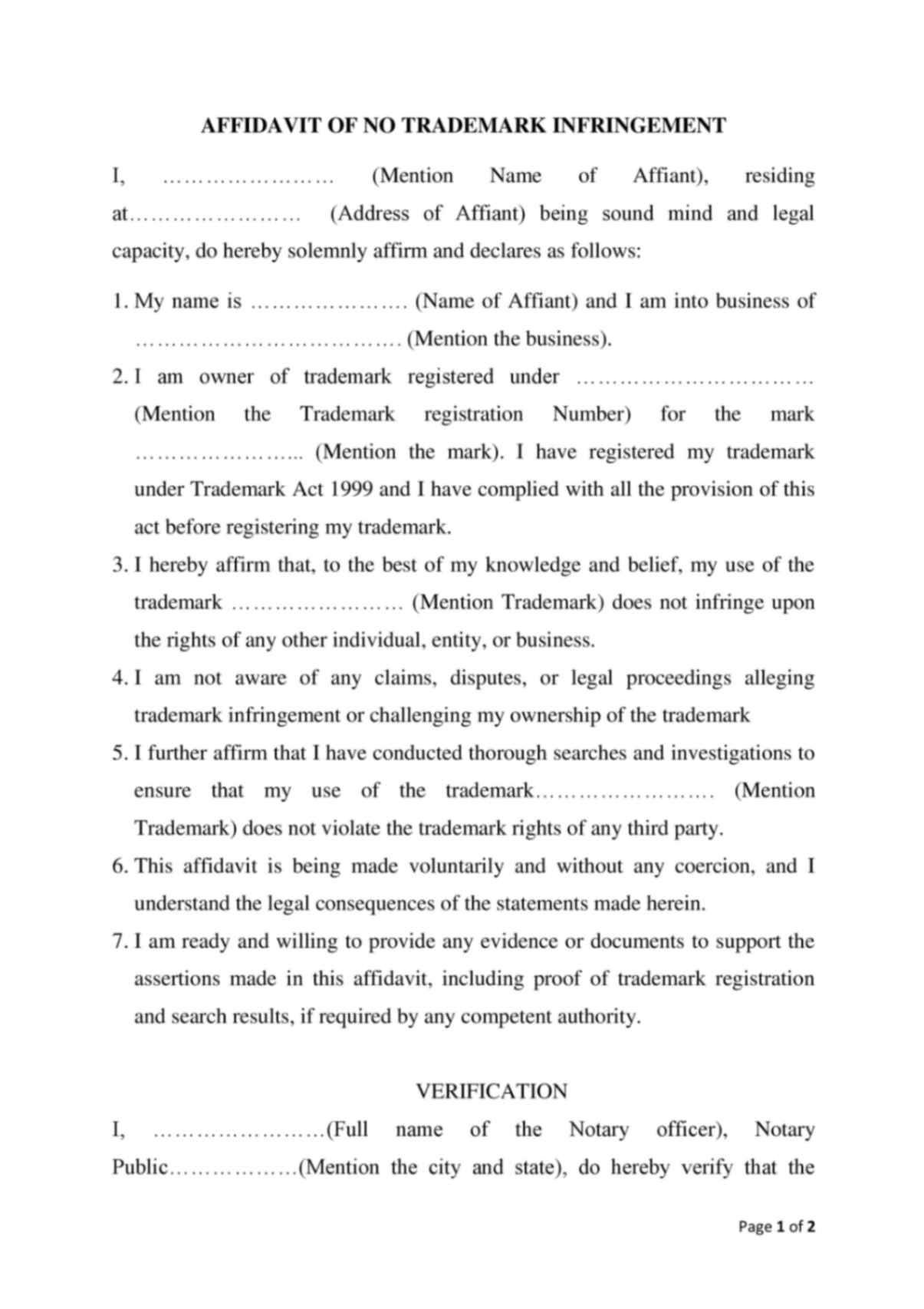 Affidavit of No Trademark Infringement Template - [Pdf & Word]